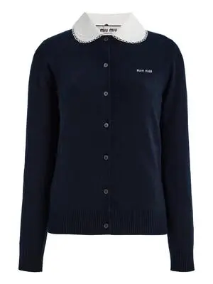 Miu Miu Cashmere Cardigan With Detachable Embroidered Collar - Navy