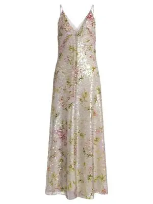 Alberta Ferretti Floral Print Sequin Embellished Dress - Neutrals