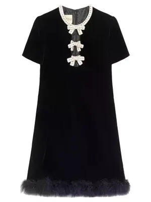 Valentino Garavani Mini Feather Trimmed Embroidered Bow Dress - Black