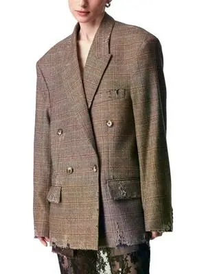 ARTICLE TEN Distressed Plaid Double-breasted Blazer - Brown