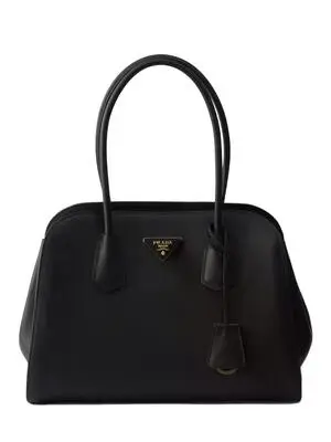 Prada Prada Medium Leather Tote Bag With Triangle Logo Plaque Black