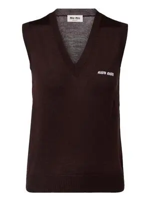 Miu Miu Logo Virgin Wool V-neck Sweater Vest - Brown