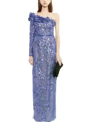 SAIID KOBEISY One-shoulder Embroidered Tulle Gown - Blue