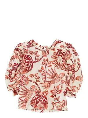 Farm Rio Ruffled Neck Floral Print Blouse - Neutrals