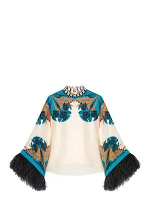 La DoubleJ Floral Feather Silk Blouse - Neutrals