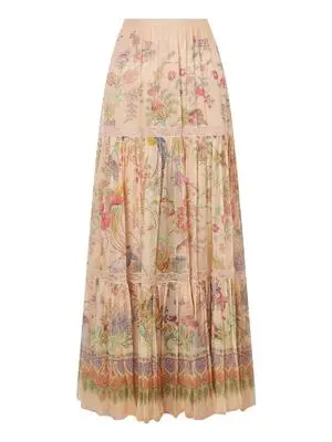 Etro Etro Tiered Pleated Lace-Trimmed Printed Silk Maxi Skirt Multi