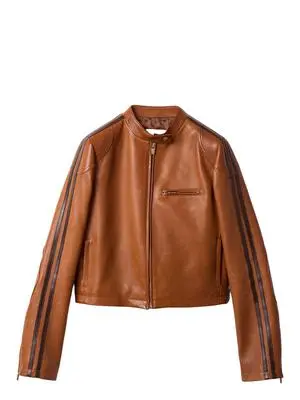Miu Miu Nappa Leather Jacket With Striped Sleeves - Brandy