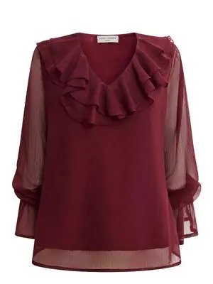 JAMES LAKELAND Burgundy Sheer-sleeve Ruffle Blouse Red