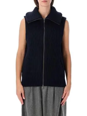 Soeur Pure Merino Wool Knit Vest With Zip Closure And Ribbed Collar Blue