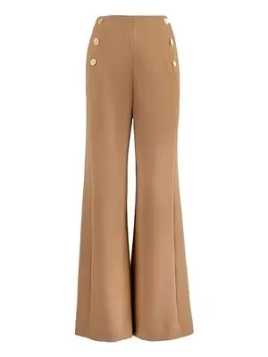 SOLGO ATELIER Martha Sailor Bootcut Crepe Pant In Camel With Stylized Side Seams And Front Shell Button Details