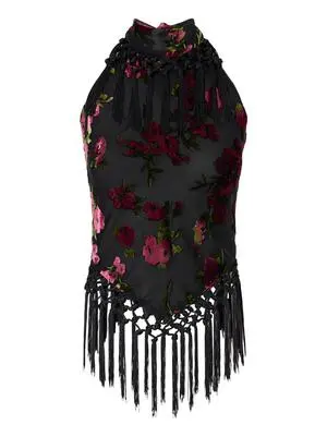 ANNA SUI Floral-flock Fringe-trimmed Crepe Halterneck Top