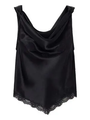 DÔEN Manon Gathered Lace-trimmed Silk-satin Top Black