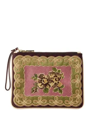 ALEMAIS Lacey Embroidered Leather-trimmed Satin Clutch