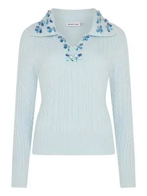 SOUR FIGS Hand-embellished Cable-knit Polo Jumper In Ice