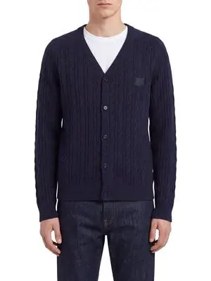 Maison Kitsuné V-neck Pure Wool Cardigan With Chillax Fox Logo Patch Navy
