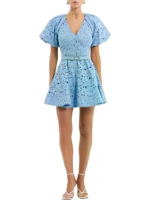Rebecca Vallance Puff Sleeve Mini Dress With Eyelet Detail - Blue