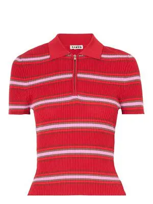Staud Ren Striped Ribbed-knit Quarter Zip Polo Shirt - Red