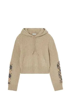 Burberry Checked Bouclé-trimmed Ribbed Wool And Cashmere-blend Hoodie - Neutrals
