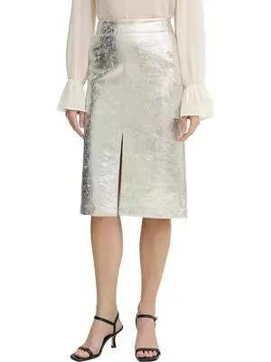 OUI Front Slit Midi Pencil Skirt - Silver
