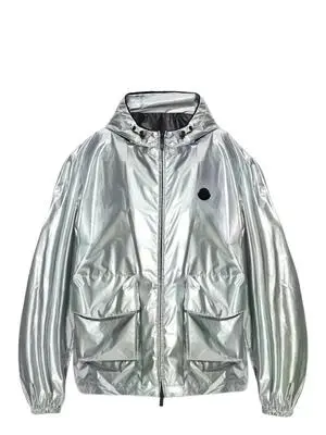 Moncler Hooded Zip-up Jacket With Logo Patch - Silver