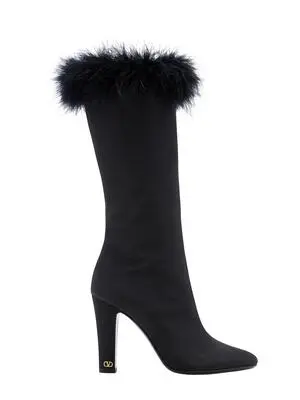 Valentino Garavani Feather-trimmed High Heel Boots - Black