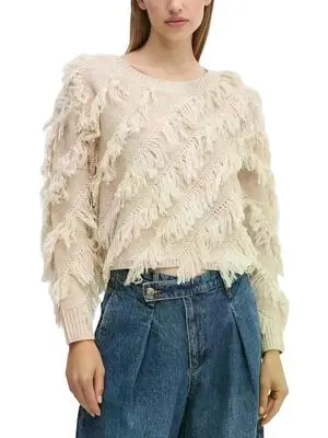 OUI Fringe Detail Round Neck Long Sleeve Sweater - Neutrals
