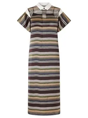 Sacai Sacai Striped Organza And Satin Midi Dress Brown
