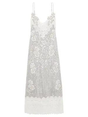 Erdem Embellished Sequined Georgette Midi Dress With Lace Trim - Silver
