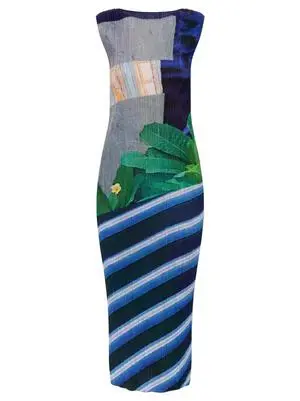 Issey Miyake Graphic Print Pleated Midi Dress - Blue
