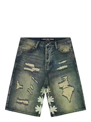 LOSTSHDWS Distressed Floral Embellished Denim Shorts - Blue