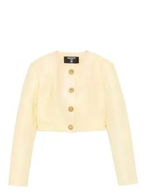Balmain Lambskin Cropped Jacket With Lion Head Buttons - Neutrals
