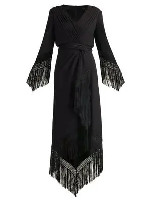 Tadashi Shoji V-neck Midi Dress With Fringe Trim - Black