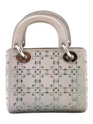 Dior Lady Bag Crystal Embellished Cannage Quilt Satin Mini Satchel - Grey