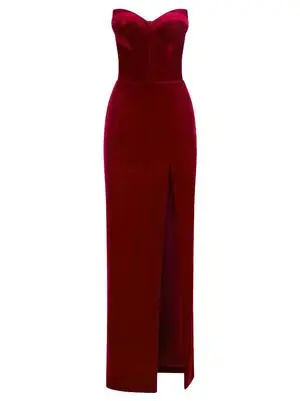 IMROSKA Strapless Sweetheart Neck Maxi Dress With Front Slit - Red