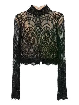 M.MARQUISE Lace Sequin Embellished High Neck Blouse With Fringed Hem - Black