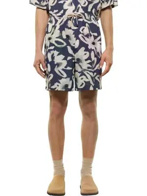 LANEUS Floral Print Drawstring Shorts - Blue