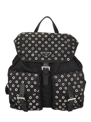 FWRD RENEW Prada Grommet Embellished Tessuto Backpack - Black