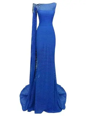 GEMY MAALOUF One-shoulder Crochet Maxi Dress With Train - Blue