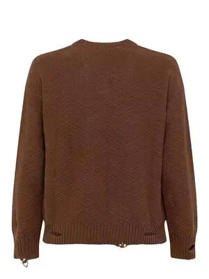 LANEUS Distressed V-neck Jumper - Brown