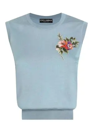 Dolce & Gabbana Sleeveless Silk Tank Top With Floral Appliqu - Blue