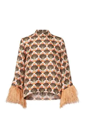 La DoubleJ La DoubleJ "Make An Exit" Feather-Trimmed Silk Twill Top Multicoloured