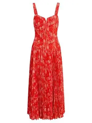 Cinq À Sept Botanical Floral Pleated Midi Dress - Red