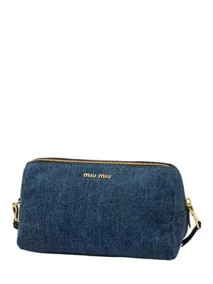 Miu Miu Denim Embroidered Logo Wristlet Pouch - Blue