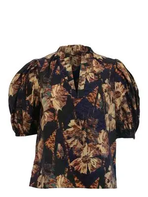 Ulla Johnson V-neck Floral Print Puff Sleeve Blouse - Black
