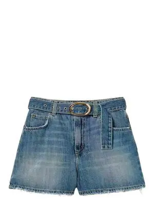 TWINSET Belted Stone Wash Denim Shorts With Fringed Hem - Blue