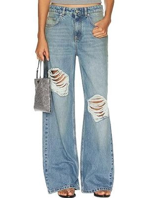 AREA Crystal Fray Wide Leg Jeans