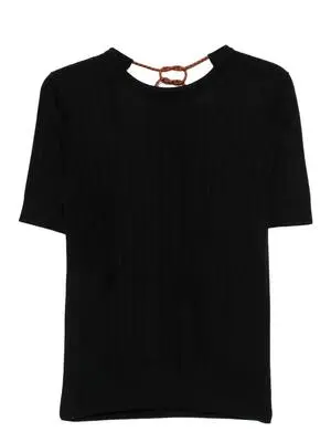 PLAN C Plan C Ribbed Knit Short Sleeve Sweater With Open Back Detail