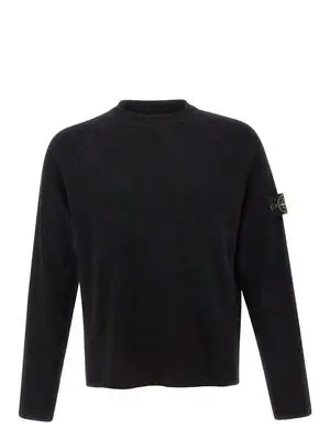 Stone Island Ribbed Cotton Raglan Sleeve Crewneck Sweater - Black