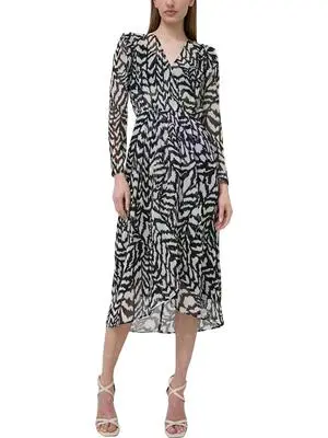 MORGAN Long-sleeve Printed Midi Dress - Black