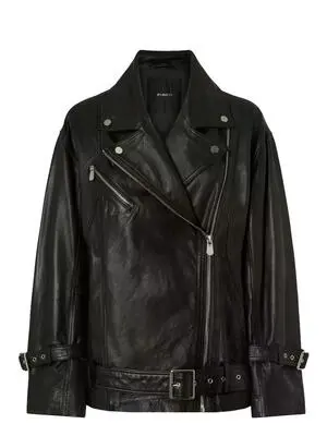 Pinko Distressed Leather Biker Jacket With Buckle Detail - Black